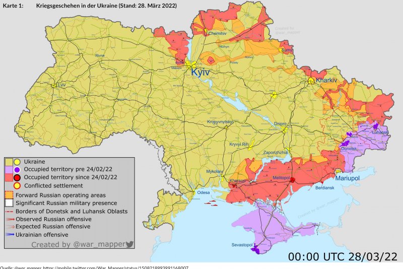 Karte: Kriegsgeschehen in der Ukraine (Stand: 28. März 2022) | Ukraine ...